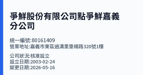 爭鮮股份有限公司點爭鮮嘉義分公司的照片-統編 80161409(嘉義市) 公司登記資料與營業項目詳細圖表