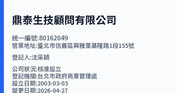 鼎泰生技顧問有限公司的照片-統編 80162049(臺北市) 公司登記資料與營業項目詳細圖表