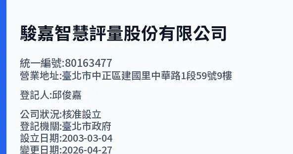 駿嘉智慧評量股份有限公司的照片-統編 80163477(臺北市) 公司登記資料與營業項目詳細圖表
