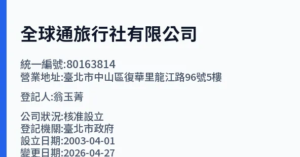 全球通旅行社有限公司的照片-統編 80163814(臺北市) 公司登記資料與營業項目詳細圖表