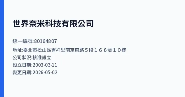 世界奈米科技有限公司的照片-統編 80164807(臺北市) 公司登記資料與營業項目詳細圖表