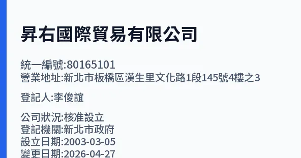 昇右國際貿易有限公司的照片-統編 80165101(新北市) 公司登記資料與營業項目詳細圖表