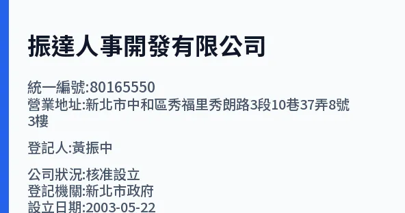 振達人事開發有限公司的照片-統編 80165550(新北市) 公司登記資料與營業項目詳細圖表
