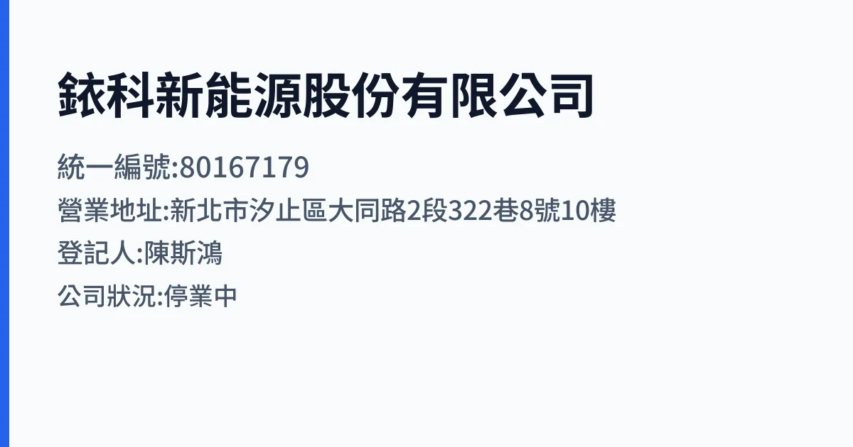 銥科新能源股份有限公司 - 統編 80167179(新北市) 公司登記資料與營業項目詳細圖表