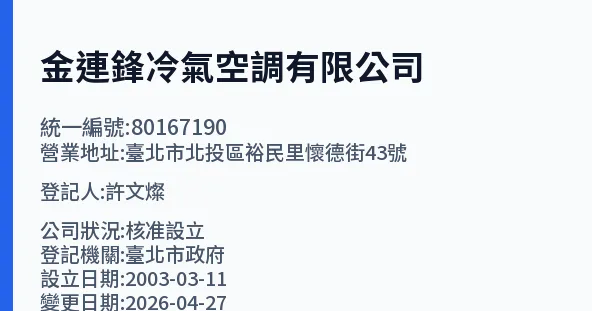 金連鋒冷氣空調有限公司的照片-統編 80167190(臺北市) 公司登記資料與營業項目詳細圖表
