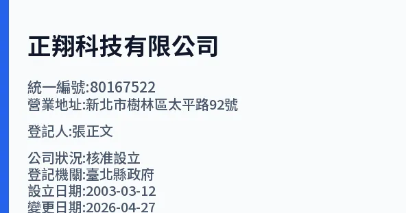 正翔科技有限公司的照片-統編 80167522(新北市) 公司登記資料與營業項目詳細圖表