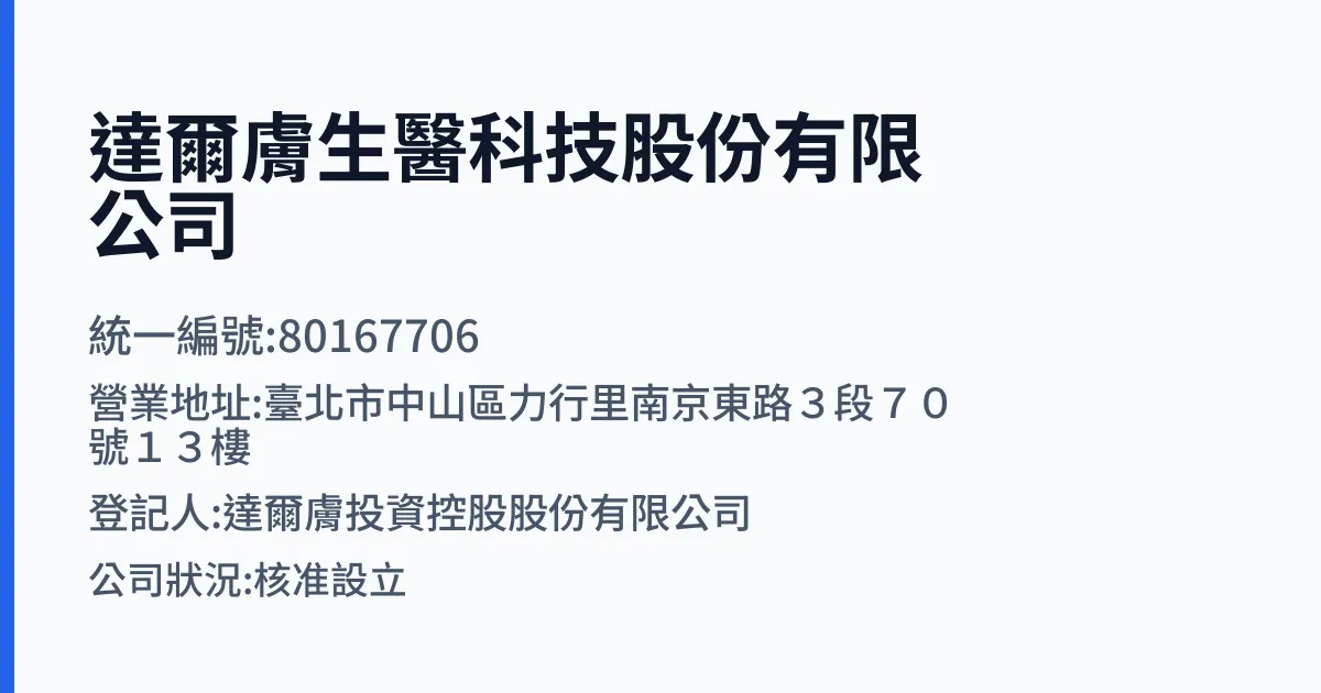 達爾膚生醫科技股份有限公司 - 統編 80167706(臺北市) 公司登記資料與營業項目詳細圖表