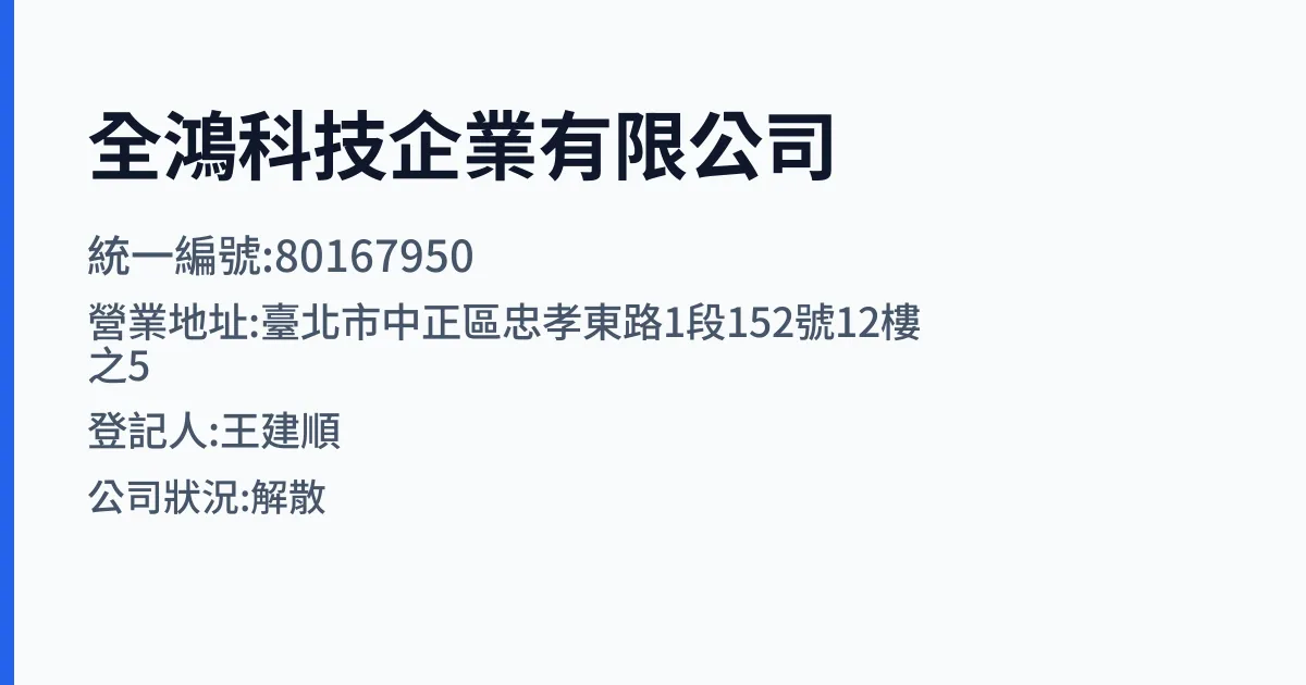 全鴻科技企業有限公司 - 統編 80167950(臺北市) 公司登記資料與營業項目詳細圖表