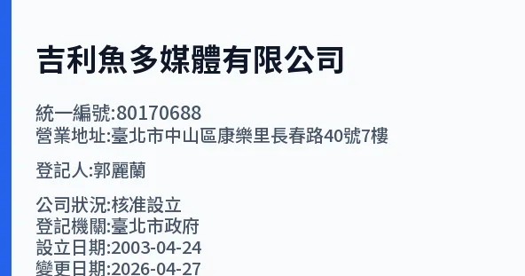 吉利魚多媒體有限公司的照片-統編 80170688(臺北市) 公司登記資料與營業項目詳細圖表
