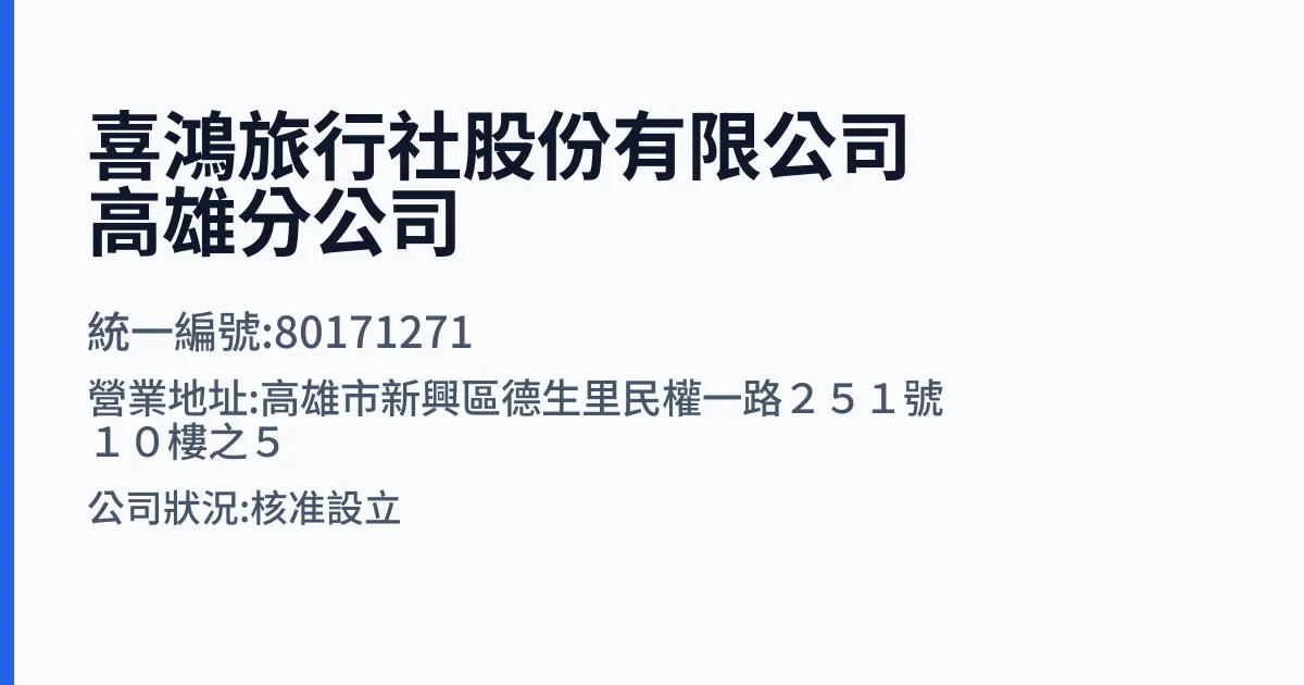 喜鴻旅行社股份有限公司高雄分公司 - 統編 80171271(高雄市) 公司登記資料與營業項目詳細圖表