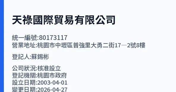 天祿國際貿易有限公司的照片-統編 80173117(桃園市) 公司登記資料與營業項目詳細圖表