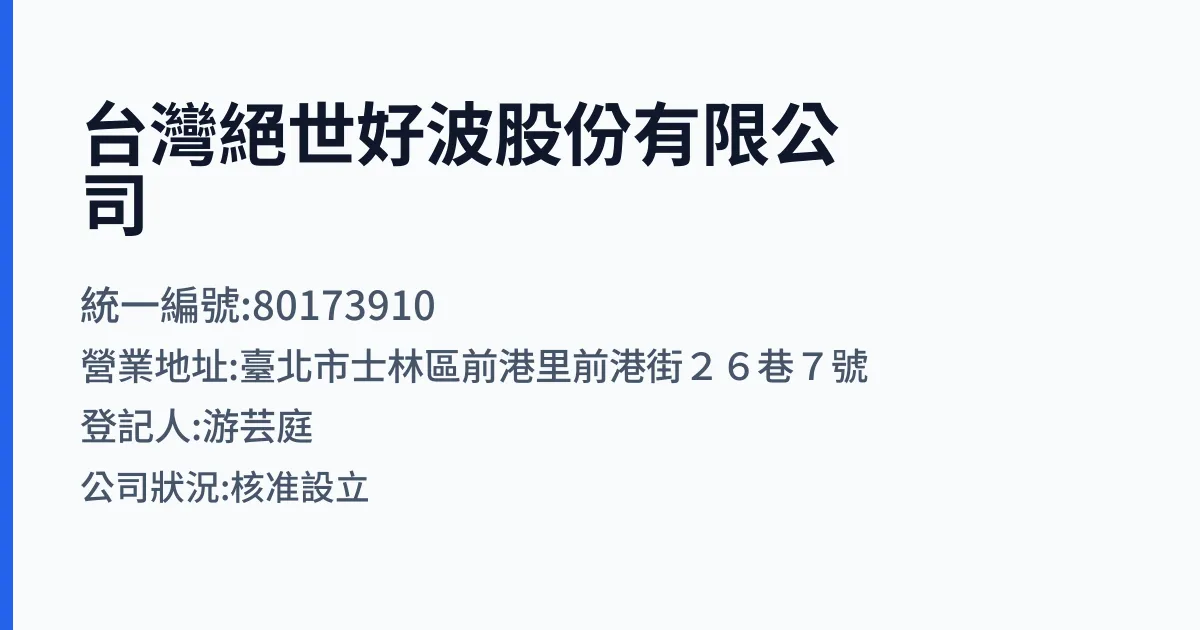 台灣絕世好波股份有限公司 - 統編 80173910(臺北市) 公司登記資料與營業項目詳細圖表