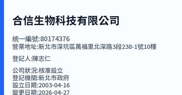 合信生物科技有限公司的照片-統編 80174376(新北市) 公司登記資料與營業項目詳細圖表