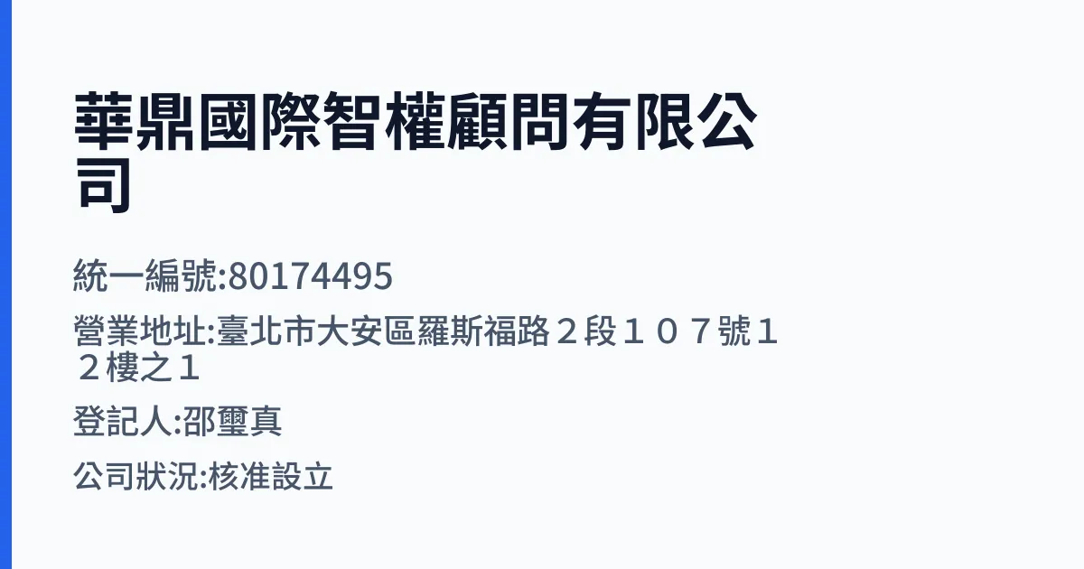 華鼎國際智權顧問有限公司 - 統編 80174495(臺北市) 公司登記資料與營業項目詳細圖表