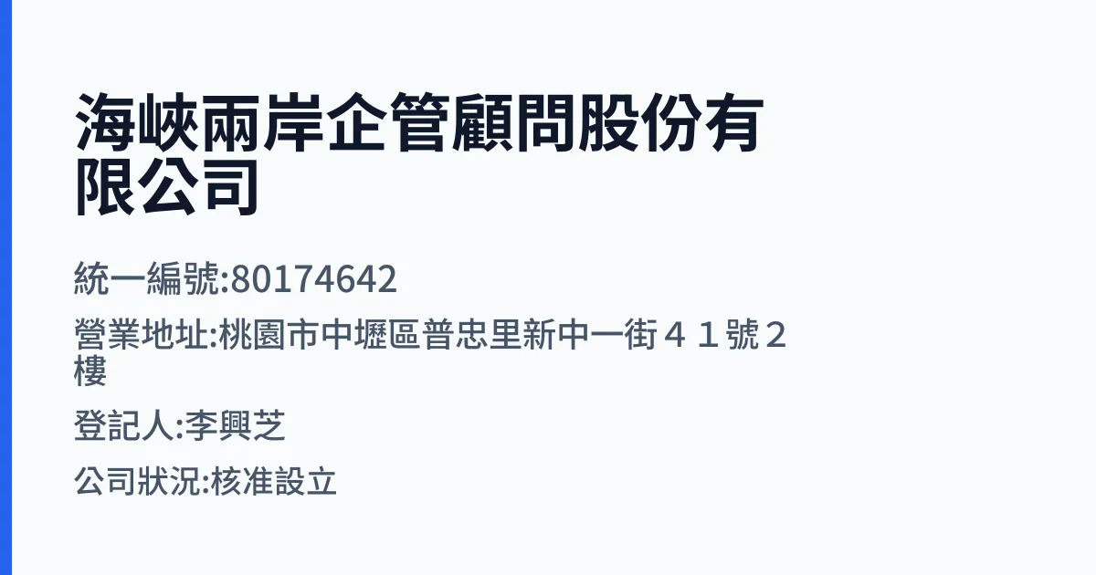 海峽兩岸企管顧問股份有限公司 - 統編 80174642(桃園市) 公司登記資料與營業項目詳細圖表