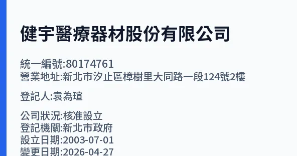 健宇醫療器材股份有限公司的照片-統編 80174761(新北市) 公司登記資料與營業項目詳細圖表