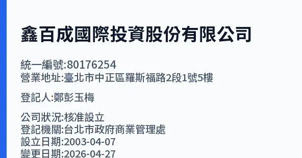 鑫百成國際投資股份有限公司的照片-統編 80176254(臺北市) 公司登記資料與營業項目詳細圖表