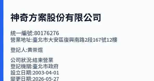 神奇方案股份有限公司的照片-統編 80176276(臺北市) 公司登記資料與營業項目詳細圖表