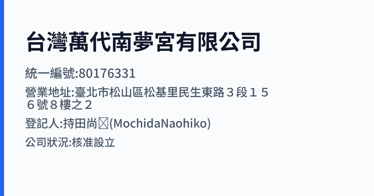 台灣萬代南夢宮有限公司 - 統編 80176331(臺北市) 公司登記資料與營業項目詳細圖表