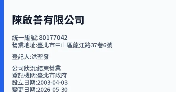 陳啟善有限公司的照片-統編 80177042(臺北市) 公司登記資料與營業項目詳細圖表