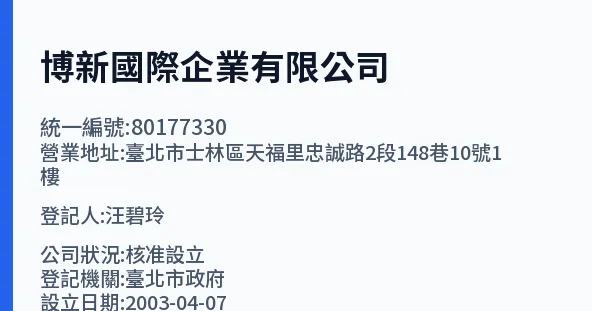 博新國際企業有限公司的照片-統編 80177330(臺北市) 公司登記資料與營業項目詳細圖表