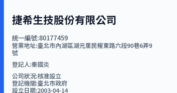 捷希生技股份有限公司的照片-統編 80177459(臺北市) 公司登記資料與營業項目詳細圖表