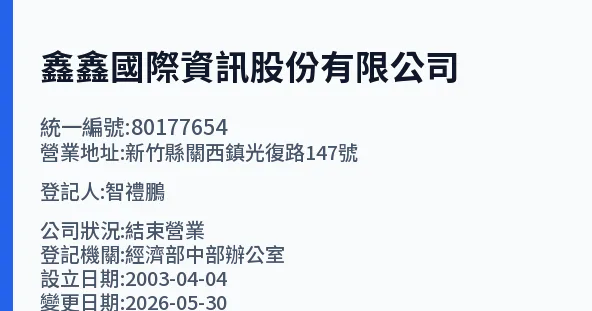 鑫鑫國際資訊股份有限公司的照片-統編 80177654(新竹縣) 公司登記資料與營業項目詳細圖表