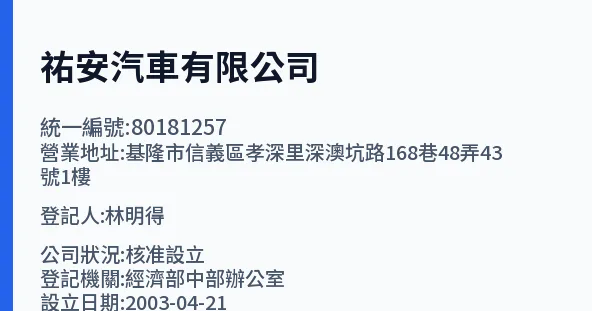 祐安汽車有限公司的照片-統編 80181257(基隆市) 公司登記資料與營業項目詳細圖表