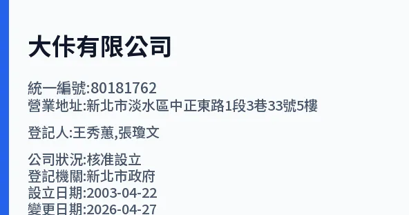 大佧有限公司的照片-統編 80181762(新北市) 公司登記資料與營業項目詳細圖表