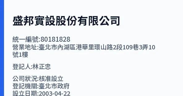 盛邦實設股份有限公司的照片-統編 80181828(臺北市) 公司登記資料與營業項目詳細圖表