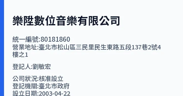 樂陞數位音樂有限公司的照片-統編 80181860(臺北市) 公司登記資料與營業項目詳細圖表