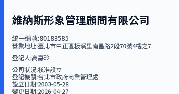 維納斯形象管理顧問有限公司的照片-統編 80183585(臺北市) 公司登記資料與營業項目詳細圖表