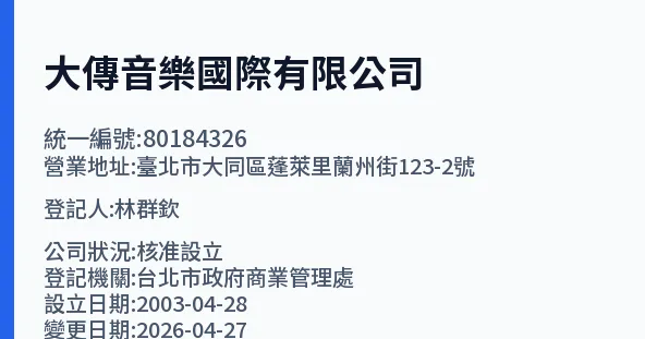 大傳音樂國際有限公司的照片-統編 80184326(臺北市) 公司登記資料與營業項目詳細圖表