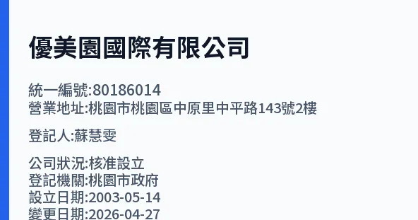 優美園國際有限公司的照片-統編 80186014(桃園市) 公司登記資料與營業項目詳細圖表
