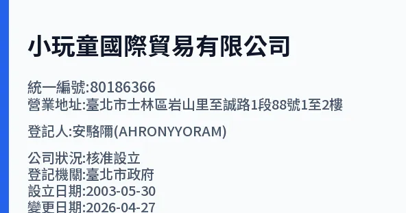 小玩童國際貿易有限公司的照片-統編 80186366(臺北市) 公司登記資料與營業項目詳細圖表
