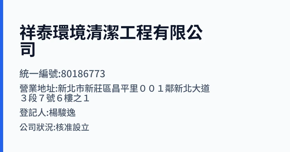 祥泰環境清潔工程有限公司 - 統編 80186773(新北市) 公司登記資料與營業項目詳細圖表
