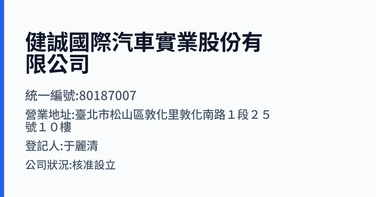 健誠國際汽車實業股份有限公司 - 統編 80187007(臺北市) 公司登記資料與營業項目詳細圖表
