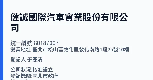 健誠國際汽車實業股份有限公司的照片-統編 80187007(臺北市) 公司登記資料與營業項目詳細圖表