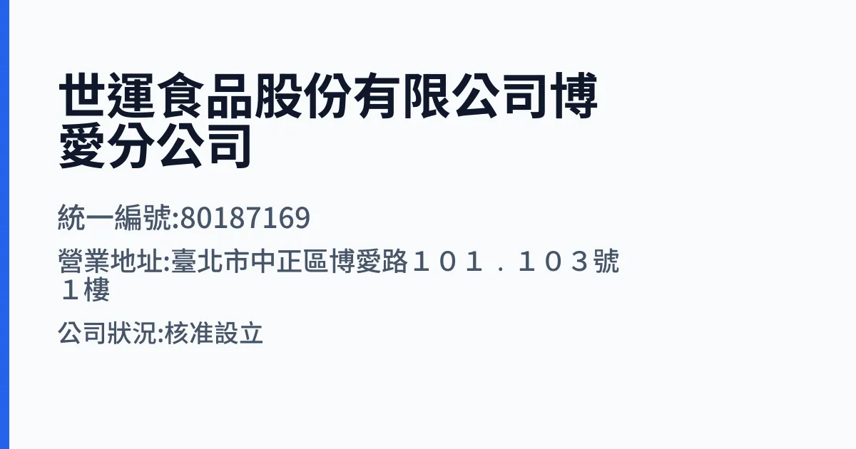 世運食品股份有限公司博愛分公司 - 統編 80187169(臺北市) 公司登記資料與營業項目詳細圖表
