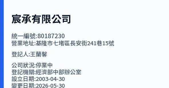 宸承有限公司的照片-統編 80187230(基隆市) 公司登記資料與營業項目詳細圖表