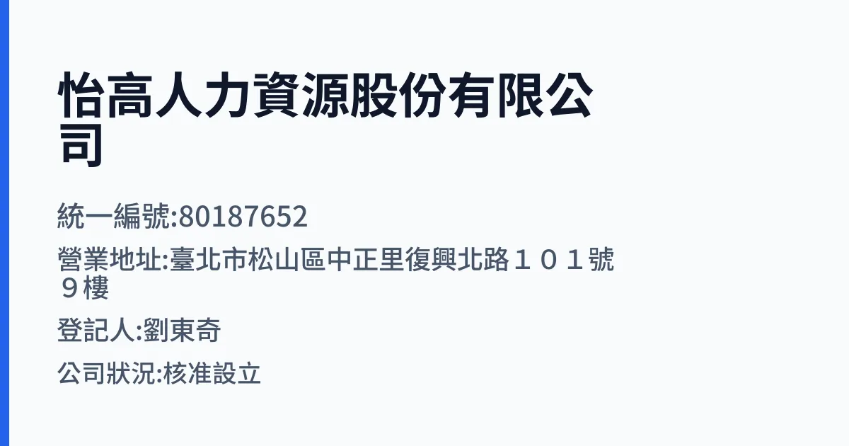 怡高人力資源股份有限公司 - 統編 80187652(臺北市) 公司登記資料與營業項目詳細圖表