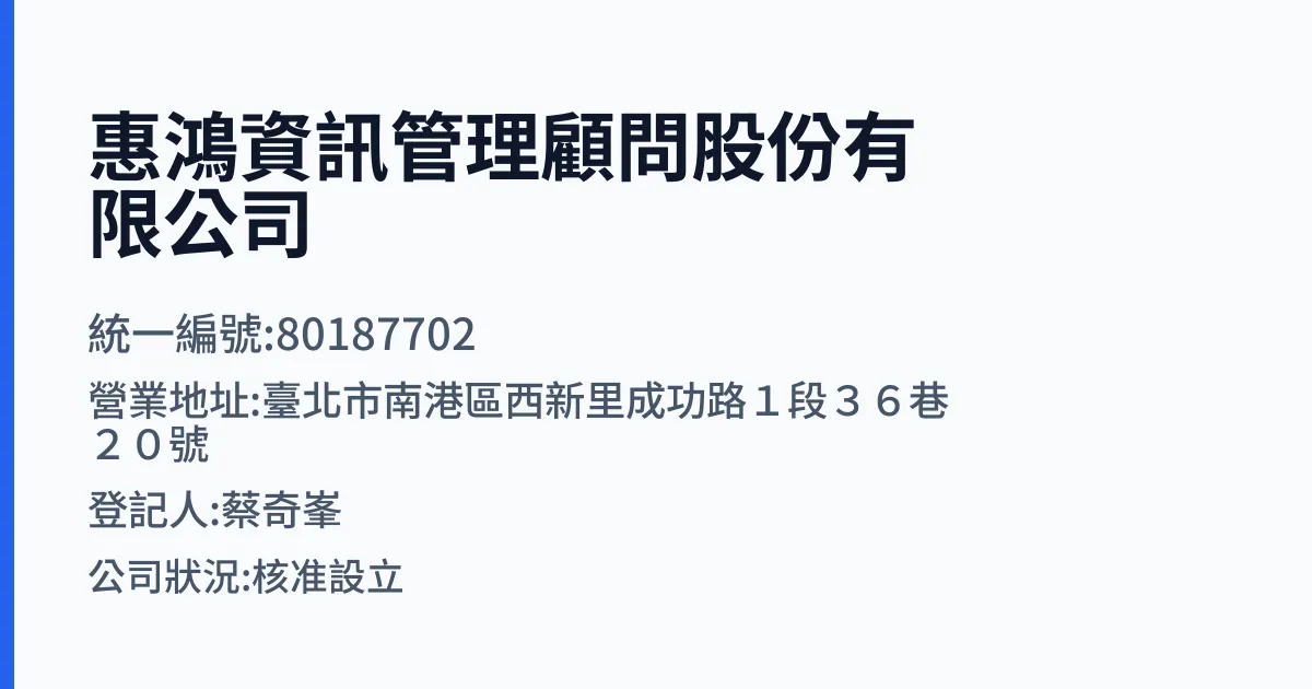 惠鴻資訊管理顧問股份有限公司 - 統編 80187702(臺北市) 公司登記資料與營業項目詳細圖表
