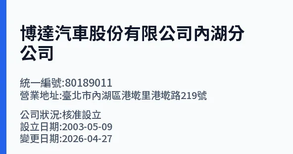 博達汽車股份有限公司內湖分公司的照片-統編 80189011(臺北市) 公司登記資料與營業項目詳細圖表