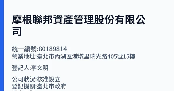 摩根聯邦資產管理股份有限公司的照片-統編 80189814(臺北市) 公司登記資料與營業項目詳細圖表