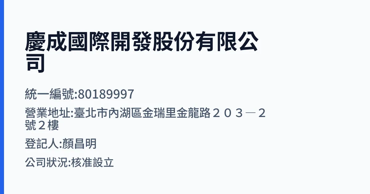 慶成國際開發股份有限公司 - 統編 80189997(臺北市) 公司登記資料與營業項目詳細圖表