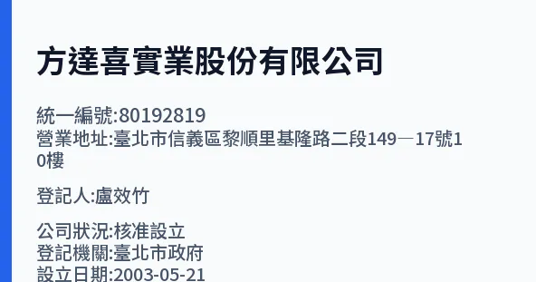 方達喜實業股份有限公司的照片-統編 80192819(臺北市) 公司登記資料與營業項目詳細圖表