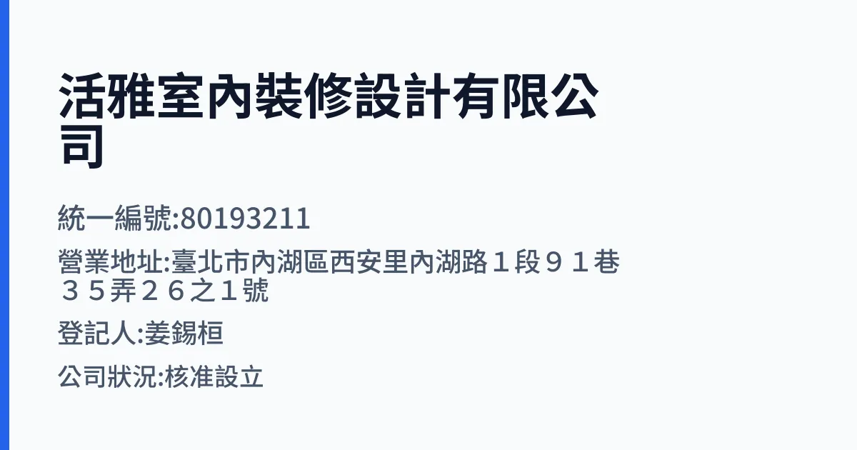 活雅室內裝修設計有限公司 - 統編 80193211(臺北市) 公司登記資料與營業項目詳細圖表