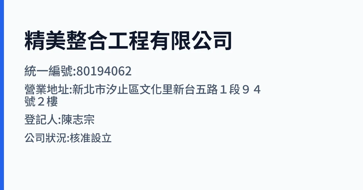 精美整合工程有限公司 - 統編 80194062(新北市) 公司登記資料與營業項目詳細圖表