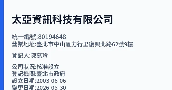 太亞資訊科技有限公司的照片-統編 80194648(臺北市) 公司登記資料與營業項目詳細圖表