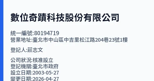數位奇蹟科技股份有限公司的照片-統編 80194719(臺北市) 公司登記資料與營業項目詳細圖表